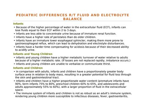 Peds Fluid Balance Electrolyte Table Pediatric Differences R T Fluid And Electrolyte Balance