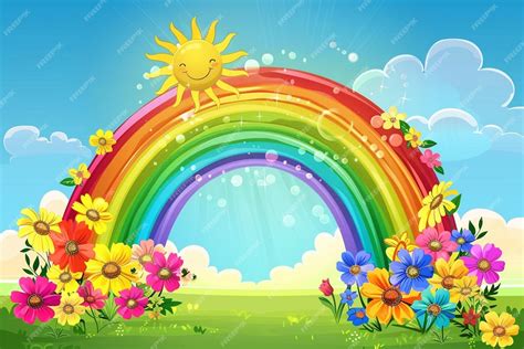 El Sol Arco Iris Y Las Flores Dibujos Animados Coloridos Vector