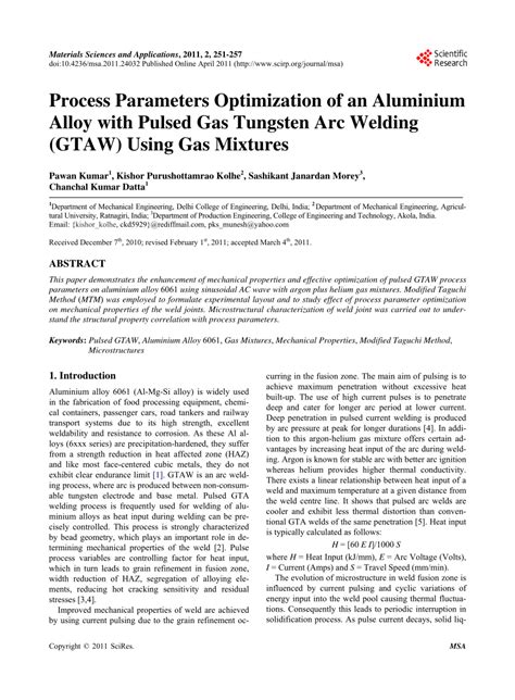 Pdf Process Parameters Optimization Of An Aluminium Alloy With Pulsed Gas Tungsten Arc Welding