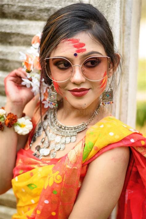Portrait Of Pretty Young Girl Wearing Traditional Indian Saree And