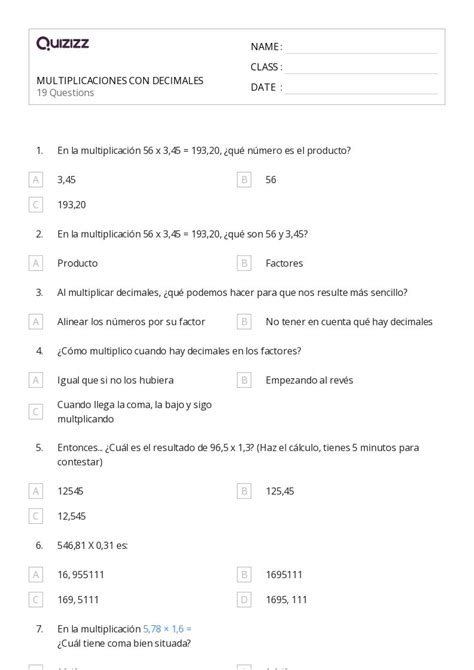 Hojas De Trabajo De Multiplicación Y División De Decimales Para Sexto Grado