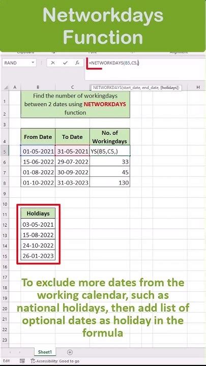 How To Calculate Working Days In Excel With Networkdays Shorts Youtube