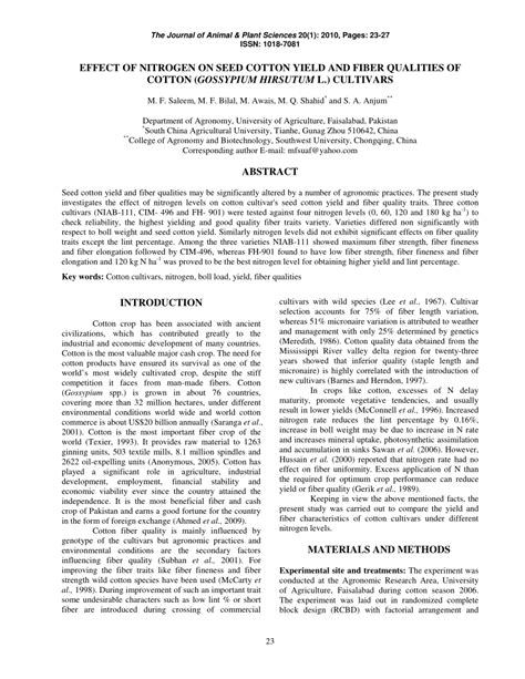 Pdf Effect Of Nitrogen On Seed Cotton Yield And Fiber Qualities Of Cotton Gossypium Hirsutum