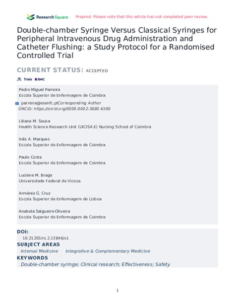 Pdf Double Chamber Syringe Versus Classical Syringes For Peripheral