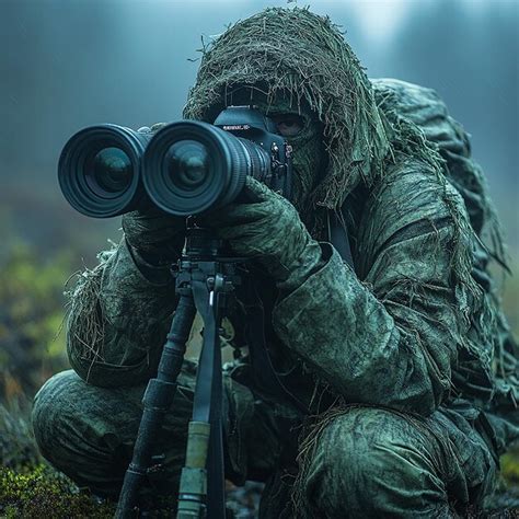 A Person In Ghillie Suit With His Camera Of Large Lense Trying To