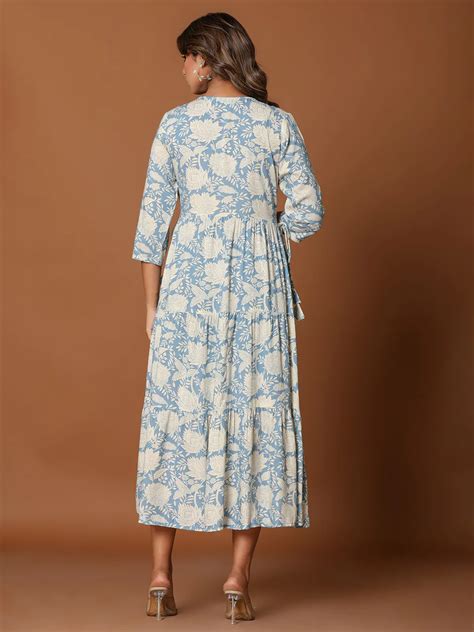 Stone Blue Cotton Silk Yoke Kurti With Aabla And