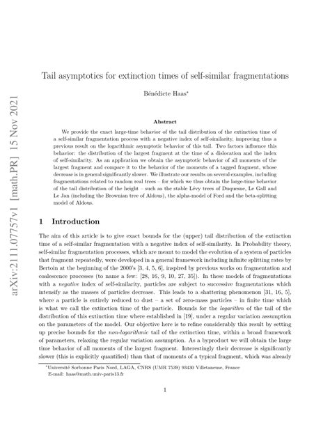 Pdf Tail Asymptotics For Extinction Times Of Self Similar Fragmentations