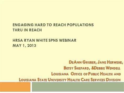 Engaging Hard To Reach Populations Inreach May 1 2013