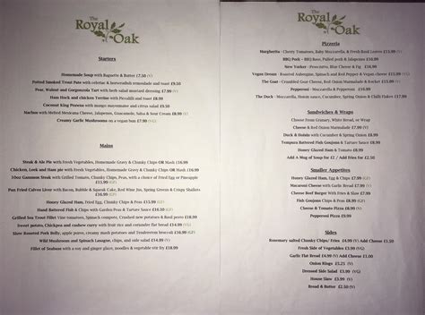 Menu The Royal Oak Beaulieu