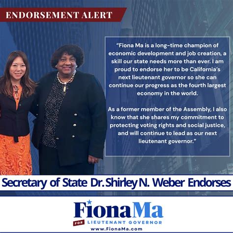 Secretary Of State Dr Shirley Weber Endorses Fiona Ma For Lieutenant