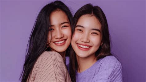 Asian Best Friends Posing On Purple Background Adult Asian Attractive Background Image And