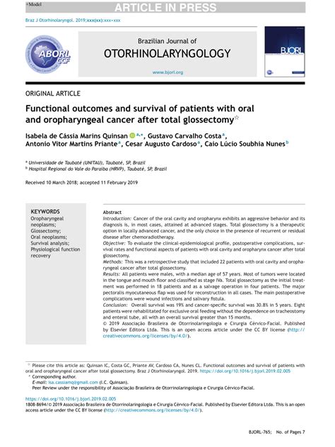 Pdf Functional Outcomes And Survival Of Patients With Oral And