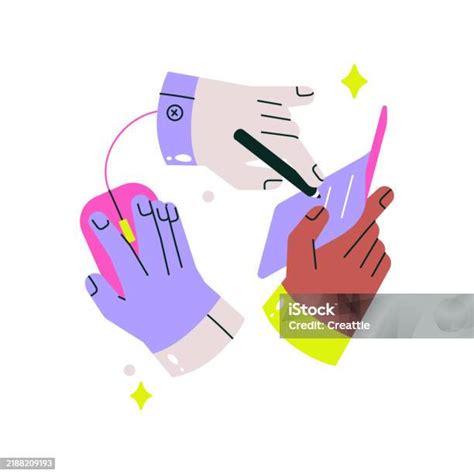 손 마우스와 스타일러스를 사용하여 평면 벡터 일러스트 레이 션 상징 디지털 아트 제작 기술 및 생산성 흰색 배경에 고립되어 있습니다 공예에 대한 스톡 벡터 아트 및 기타