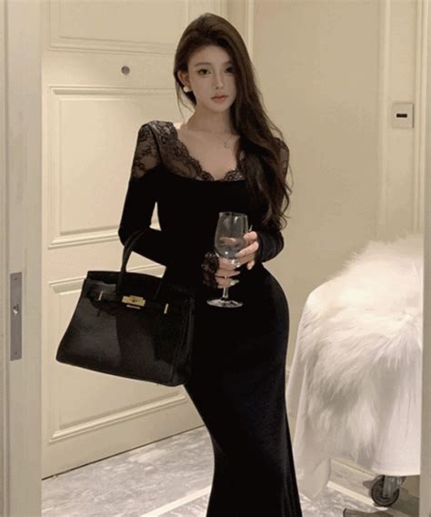 레이디나인 [겨울신상⛄] 레이스 시스루 블랙 롱원피스