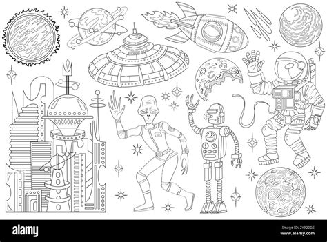 Hand Drawn Illustration With Doodle Set Of Retro Future Space Planets And Ships Rocket