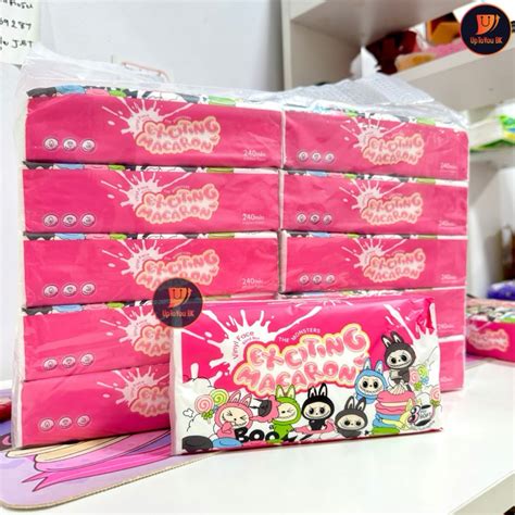 1หิ้ว10ห่อ กระดาษทิชชู่ เช็ดหน้า ลายlabubu ลาบูบู้ ชมพู ลายฉลุ หนา3ชั้น ไม่เป็นขุย โค๊ด Gb20808