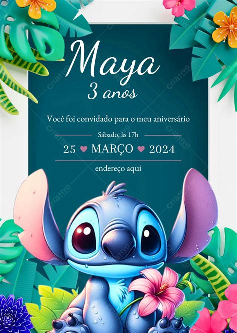 Convite De Aniversário Infantil Stitch Tropical Editável No Canva
