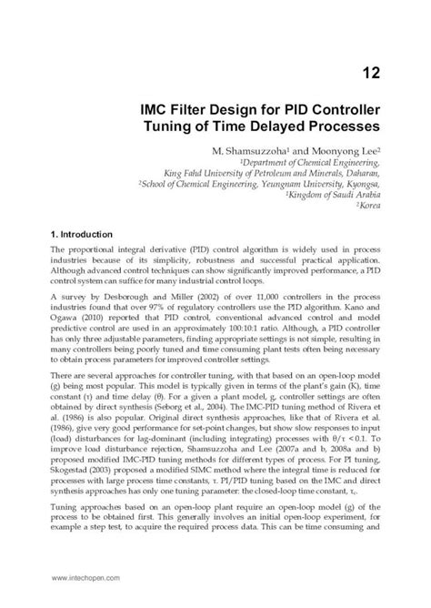 pdf imc filter design for pid controller tuning of time cdn