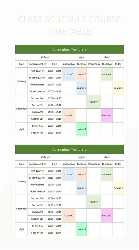 Class Schedule Course Timetable Excel Template And Google Sheets File For Free Download Slidesdocs