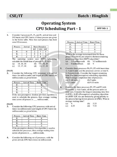 Cpu Scheduling Dpp 01 Of Lec 01 And 02 Parakram Gate 2024 Computer Pdf