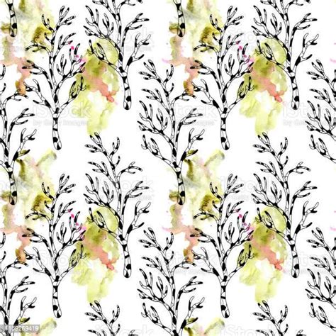 레이스 나무 라인 아트 수채화 얼룩과 흰색 배경에 스플래시와 신비한 숲 원활한 패턴 환경 보전에 대한 스톡 벡터 아트 및 기타