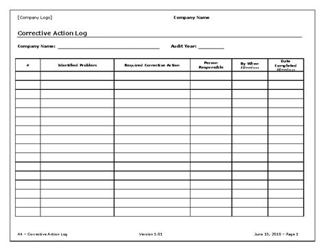 Corrective Action Log Template Pdfsimpli