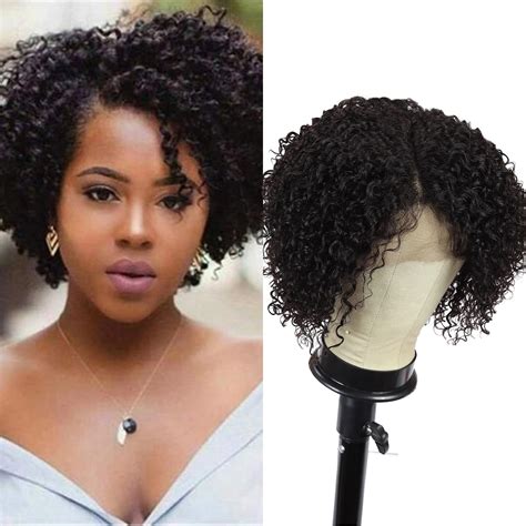Blissource Short Kinky Curly Human Hair Wig 10 L Part Lace Front 150