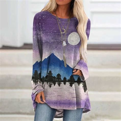 Femmes Mode Paysage Imprimé O Cou Manches Longues Causal Lâche Tops