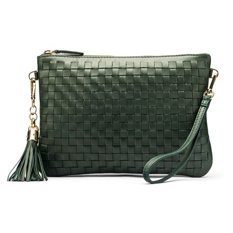 Woven Leather Cross Body Bag Green Shoulder Bag Sagebrown
