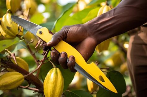 Premium AI Image Closeup Hands Of A Cocoa Farmer Use Pruning Shears To Cut The Yellow Cacao