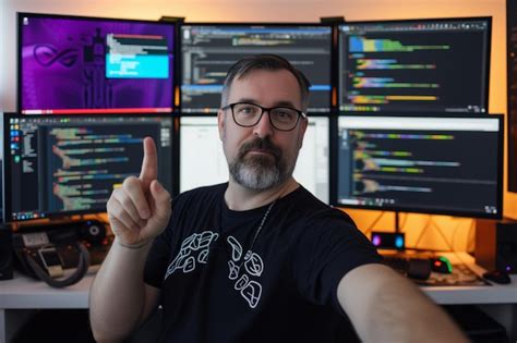 premium photo software developer with finger up multiple monitors