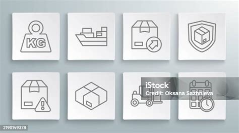 방패 화물선 상자 배달 판지 판지 지게차 판지 달력 및 무게 아이콘으로 라인 배송 보안을 설정합니다 벡터 교통에 대한 스톡 벡터 아트 및 기타 이미지 Istock