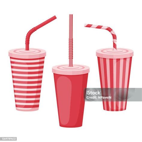 종이 컵 빨대가 달린 종이 컵 세트 패스트 푸드용 플라스틱 컵 빨대가 달린 빨간 음료 컵 흰색 배경에 격리된 벡터 그림 0명에