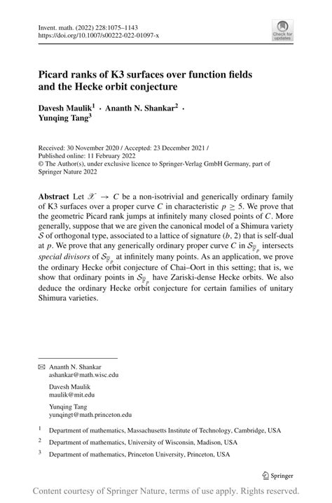 Picard Ranks Of K3 Surfaces Over Function Fields And The Hecke Orbit Conjecture
