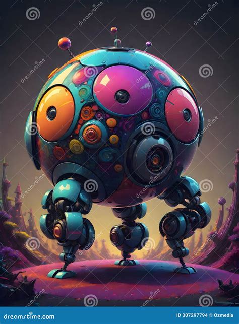 Colorful Spherical Robot With Multiple Eyes And Legs In An Outdoor