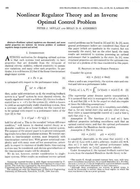 PDF Nonlinear Regulator And An Inverse Optimal Control Problem