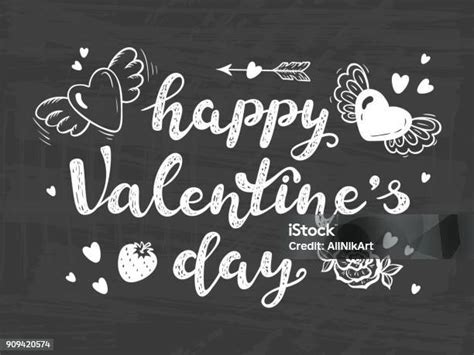 서 예 글자와 사랑 기호 벡터 카드 인사말 해피 발렌타인의 날 손으로 그린 낙서 하트 날개 딸기 큐 피 트의 화살 장미 꽃 개체 그룹에 대한 스톡 벡터 아트 및 기타 이미지