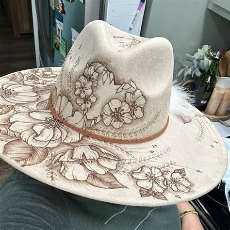 Heart And Flowers Burned Vegan Suede Rancher Hat Wide Flat Brim Peach