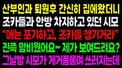 반전사연 산부인과 병원에서 퇴원 후 신혼집에 왔더니 우리집 안방 차지하고 있던 시모와 조카들 그날밤 시모가 게거품 물며