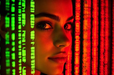 Close Up Of A Woman In Front Of Green Code Reflecting Digital Information In A Futuristic Tech