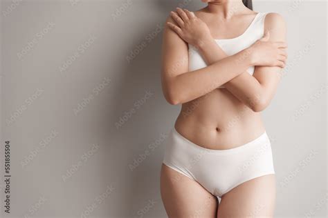 Poster Close Up Beauty Asian Woman In White Bra And Panties Isolated