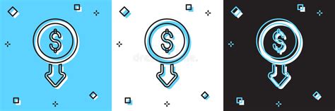 Set Dollar Rate Decrease Icon Isolated On Blue And White Black Background Cost Reduction Stock