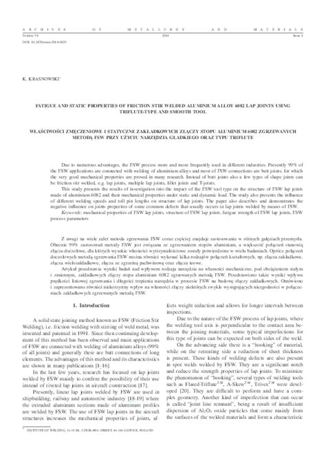 Pdf Fatigue And Static Properties Of Friction Stir Welded Aluminium