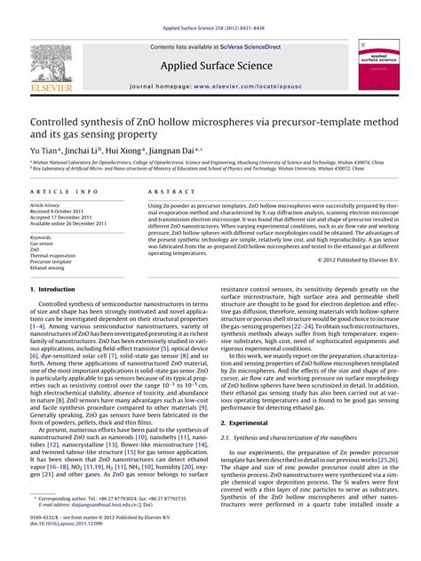 Pdf Controlled Synthesis Of Zno Hollow Microspheres Via Precursor Template Method And Its Gas