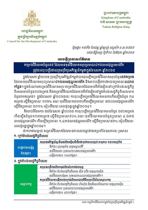 គម្រោងវិនិយោគចំនួន៥៩ ដែលមានទុនវិនិយោគសរុបប្រមាណ៨១៦លានដុល្លារអាម៉េរិក