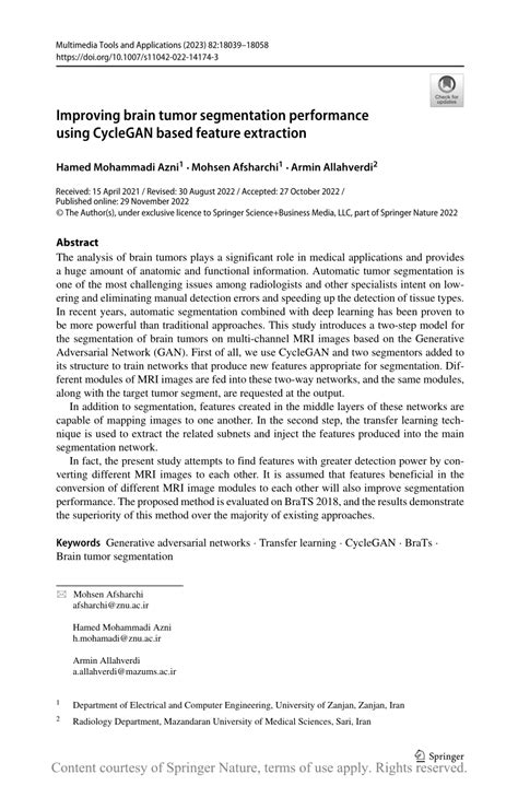 Improving Brain Tumor Segmentation Performance Using Cyclegan Based Feature Extraction Request Pdf