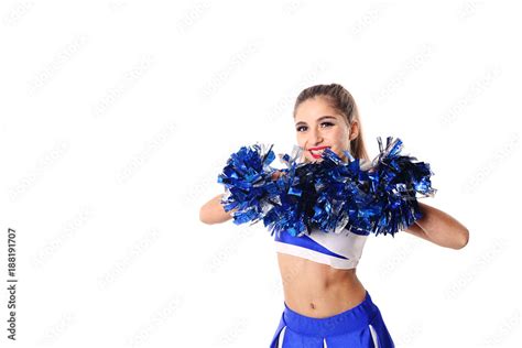 Babe Cheerleader In Blue And White Suit With Pompoms On White Background Isolated On White