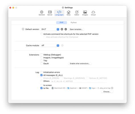 mamp pro macos documentation settings languages php