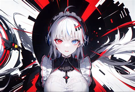 행복한 눈 18 왼쪽눈은 파랗다 15오른쪽 눈이 빨개요 15 기대된다 15 흑백 의상과 헤드폰을 입은 애니메이션 캐릭터 하녀 의상을 입은