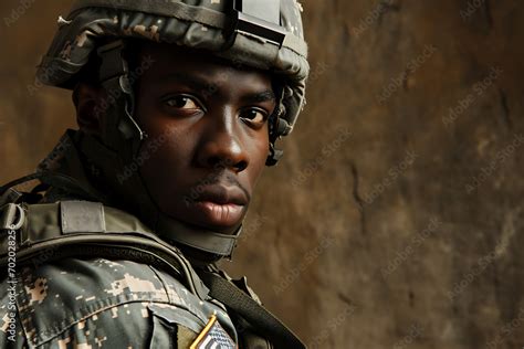 Portrait Of African American Black Soldier Wearing In Military Clothing